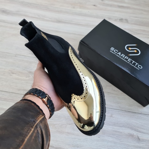 Scarpetto | Shoes | Black Gold Chelsea Boots Greek Pattern Boots | Poshmark